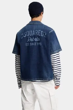 Dsquared2 Dark Wash Short Sleeve Denim Shirt With Varsity Lettering