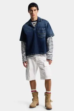 Dsquared2 Dark Wash Short Sleeve Denim Shirt With Varsity Lettering