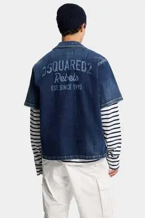 Dsquared2 Dark Wash Short Sleeve Denim Shirt With Varsity Lettering