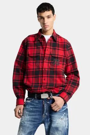 Dsquared2 Hybrid Checked Overshirt With Nylon Back And Drawstring Hem