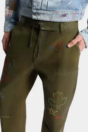 Dsquared2 Straight Leg Embroidered Canvas Cotton Pants - Green