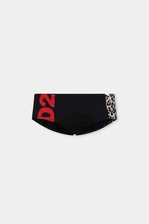 Dsquared2 Logo Swim Briefs With Animal Print Trim - Black