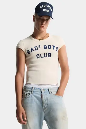 Dsquared2 Vintage Fade Ribbed Cap Sleeve T-shirt With Slogan Print