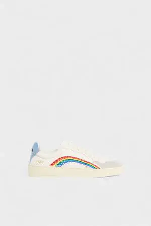 Dsquared2 Perforated Leather And Suede Low-top Sneakers With Sequined Rainbow Detail - White