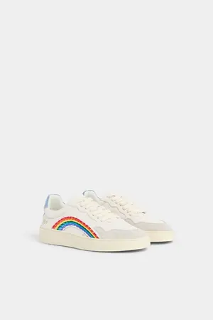 Dsquared2 Perforated Leather And Suede Low-top Sneakers With Sequined Rainbow Detail