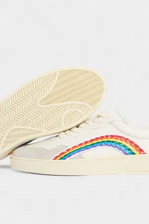 Dsquared2 Perforated Leather And Suede Low-top Sneakers With Sequined Rainbow Detail