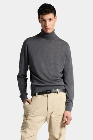 Dsquared2 Wool Turtleneck Pullover With Embroidered Logo - Grey