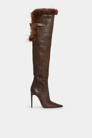 Dsquared2 Thigh-high Heeled Boots With Shearling Lining And Buckle Detail - Brown
