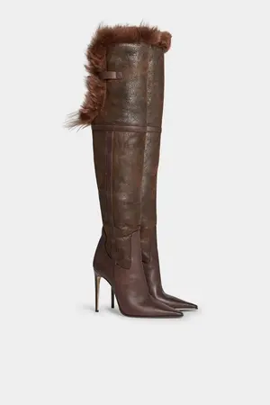 Dsquared2 Thigh-high Heeled Boots With Shearling Lining And Buckle Detail - Brown