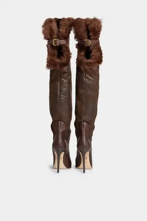 Dsquared2 Thigh-high Heeled Boots With Shearling Lining And Buckle Detail - Brown