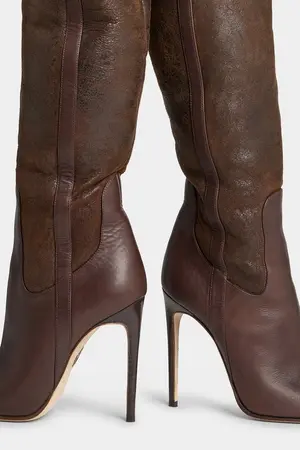 Dsquared2 Thigh-high Heeled Boots With Shearling Lining And Buckle Detail - Brown
