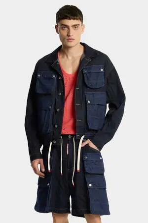 Dsquared2 Dark Wash Cargo Denim Shorts With Drawstring Waist