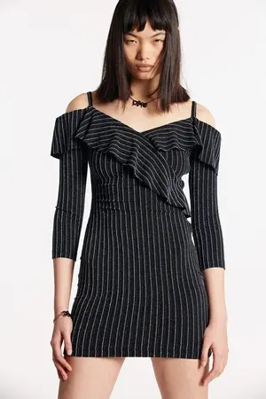 Dsquared2 70's Disco Mini Dress With Ruffled Cold Shoulder And Pinstripe Detail