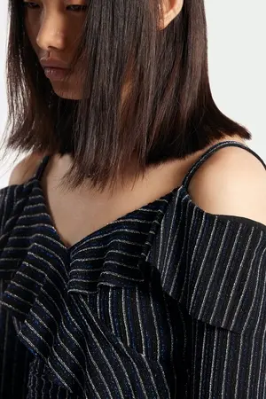 Dsquared2 70's Disco Mini Dress With Ruffled Cold Shoulder And Pinstripe Detail