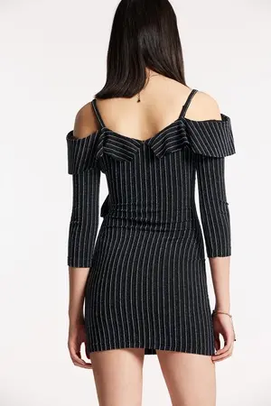 Dsquared2 70's Disco Mini Dress With Ruffled Cold Shoulder And Pinstripe Detail