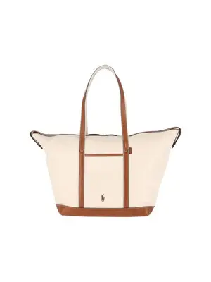 Polo Ralph Lauren Cotton Blend Tote Bag With Leather Trim - White