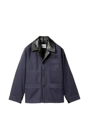 Miu Miu Single-breasted Jacket In Dyed Gabardine And Leather - Gray