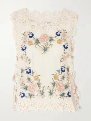 Sea Adonna Floral-embroidered Crochet-trimmed Cotton Tank - Neutrals