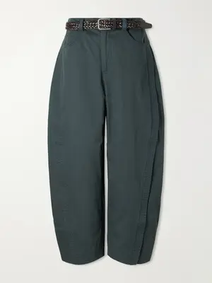 Sea Odessa Belted Wide-leg Cotton Pants With Leather Trim - Green