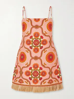 Cara Cara Valencia Printed Fringed Linen Mini Dress - Pink