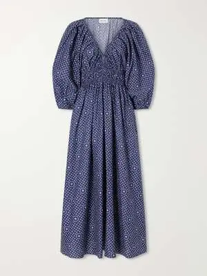 Matteau Shirred Paisley-print Organic Cotton Midi Dress - Blue