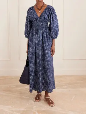 Matteau Shirred Paisley-print Organic Cotton Midi Dress - Blue