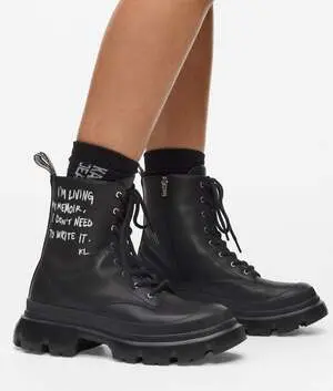KL JEANS Jeans Lace-up Leather Combat Boots With Quote Embellishment
