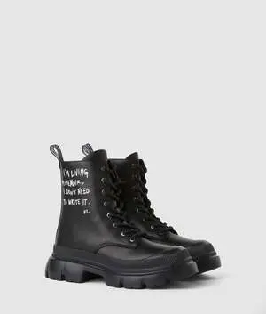 KL JEANS Jeans Lace-up Leather Combat Boots With Quote Embellishment