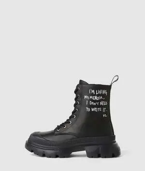 KL JEANS Jeans Lace-up Leather Combat Boots With Quote Embellishment - Black