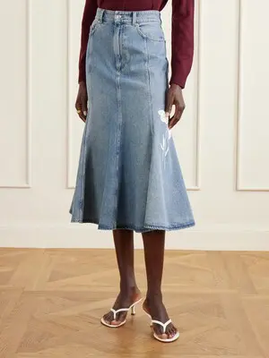 Erdem Embroidered Paneled Denim Midi Skirt - Blue