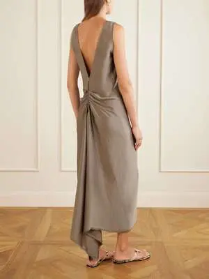 FFORME Signy Gathered Frayed Satin Midi Dress