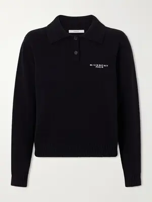 Givenchy Logo-embroidered Wool And Cashmere-blend Polo Sweater - Black