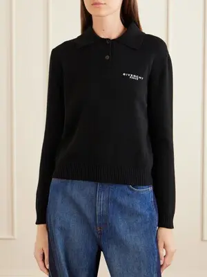 Givenchy Logo-embroidered Wool And Cashmere-blend Polo Sweater - Black