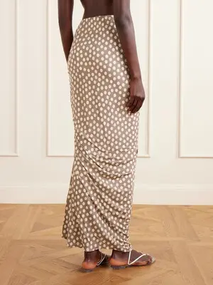 Alaïa Gathered Polka Dot Jersey Midi Skirt - Brown