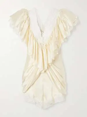 Chloé Ruffled Lace-trimmed Silk-satin Playsuit