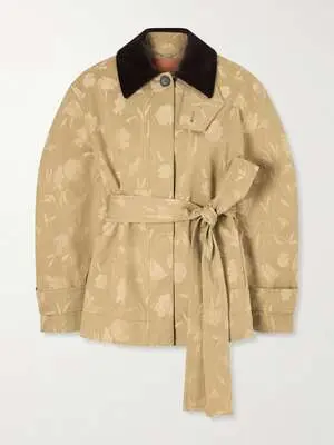 Erdem Belted Corduroy-trimmed Floral-jacquard Cotton Jacket - Camel
