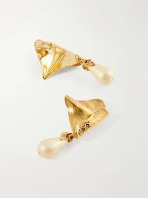 Saint Laurent Tone Leaf And Pearl-effect Resin Clip Earrings - Gold