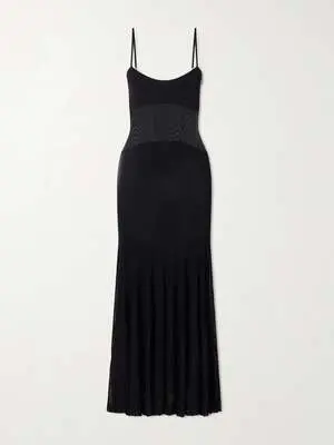Galvan Belladonna Mesh-trimmed Ribbed-knit Gown