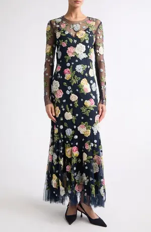 Carolina Herrera Floral Embroidered Sheer Long Sleeve Midi Dress - Midnight