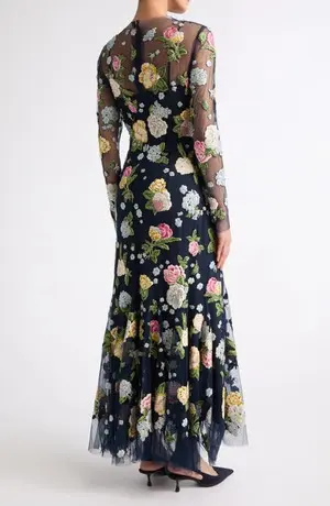 Carolina Herrera Floral Embroidered Sheer Long Sleeve Midi Dress