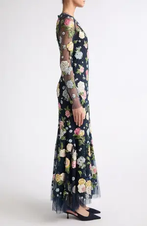 Carolina Herrera Floral Embroidered Sheer Long Sleeve Midi Dress