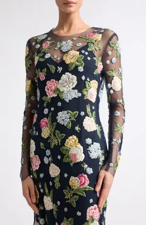 Carolina Herrera Floral Embroidered Sheer Long Sleeve Midi Dress
