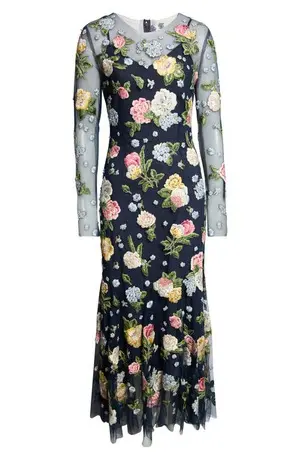 Carolina Herrera Floral Embroidered Sheer Long Sleeve Midi Dress
