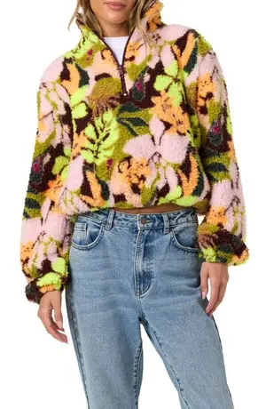 O'Neill Kacey High Pile Floral Half Zip Jacket - Chartreuse