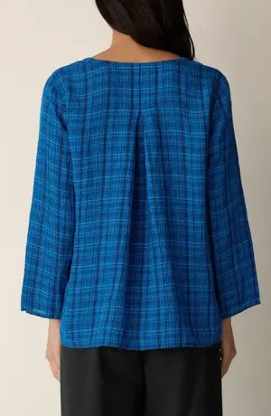 Eileen Fisher Round Neck Organic Linen Plaid Top