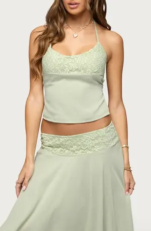 EDIKTED Evia Lace Trim Tie Back Halter Top - Sage