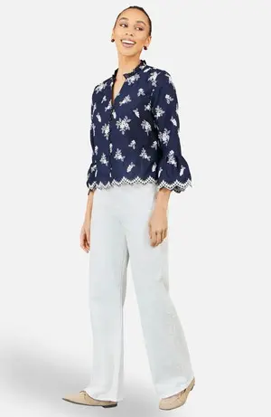 YUMI Fluted Sleeves V-neck Shirt