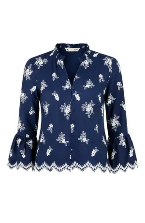 YUMI Floral Print Embroidered Blouse With Fluted Sleeves