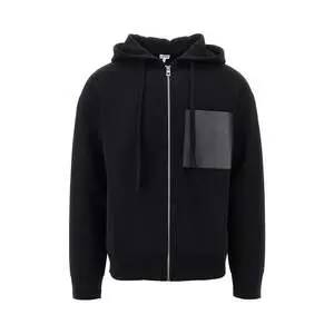 Loewe Knitted Full-zip Hoodie With Leather Pocket - Black