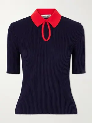 JIL SANDER Two-tone Ribbed Wool Polo Shirt